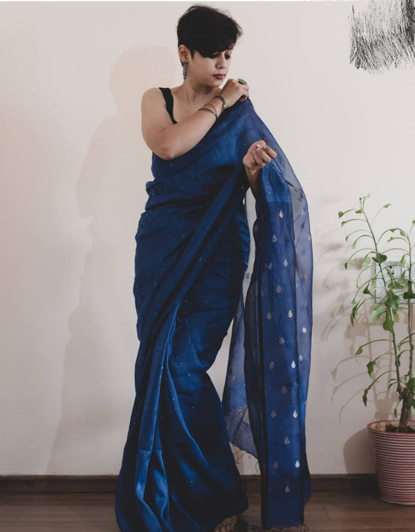Egyptian blue linen resham saree – Silk Ethnics